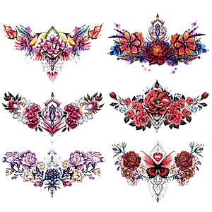 Konsait Colorful Chest Temporary Tattoos for Women Girls Large Adult Temporary Tattoos Rose Flower Jewel Fake Tattoos for Women Sexy Tattoos Last Long Realistic Body Tattoos on Chest Back Tummy
