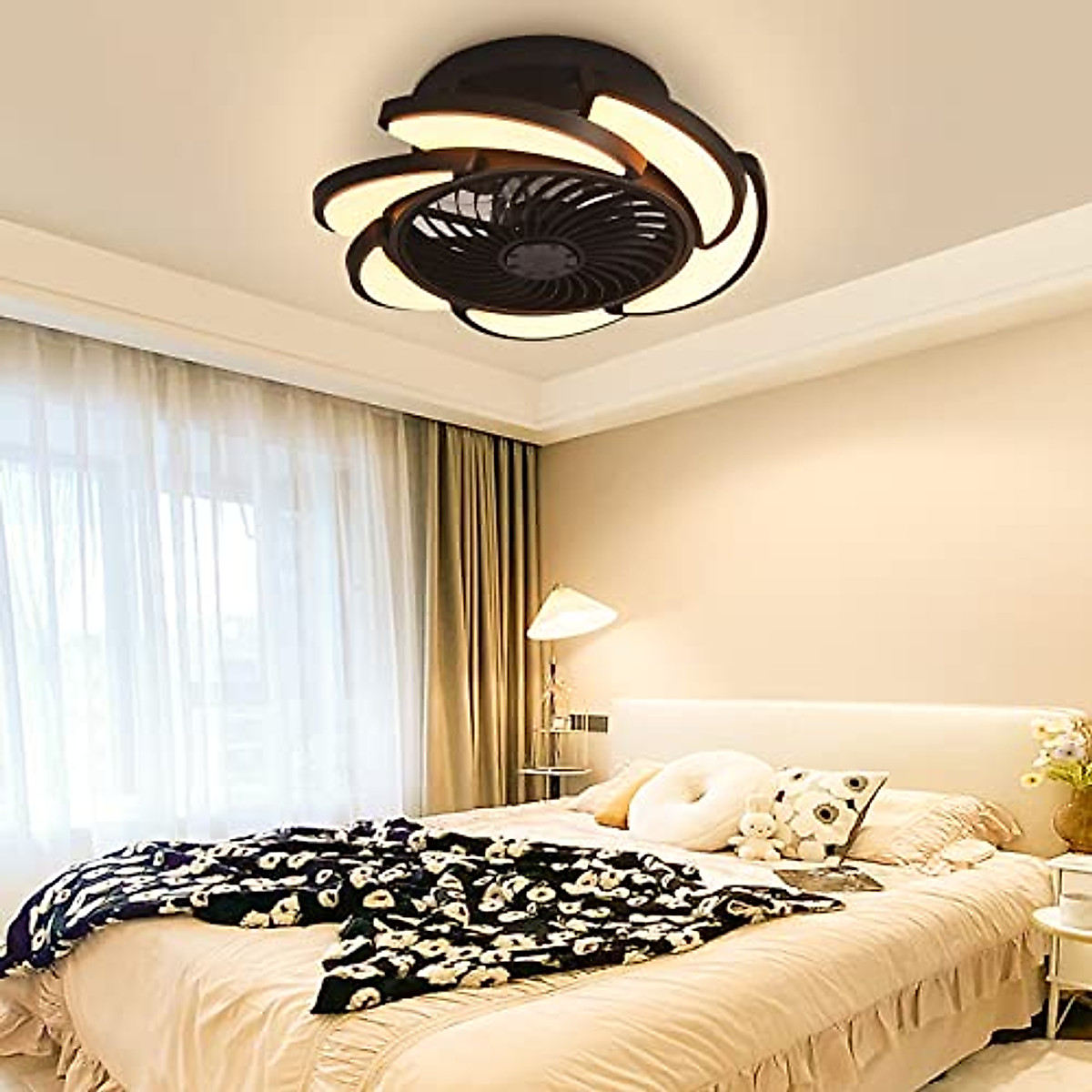 Ceiling Fan with Lights Remote Control Black, 18" Flush Mount Low Profile Fan, Modern Smart Ceiling Fan with Dimmable LED Light & 6 Speeds Reversible Blades Timing, Black Fan for Bedroom, Living Room