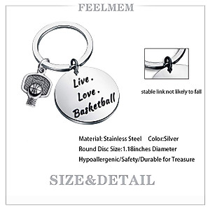 FEELMEM Sports Charms Live Love Basketball Keychain Basketball Hoop Basketball Jewelry Fitness Jewelry Keyring Gift for Players & Coaches (Silver)