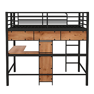 VilroCaz Full Size Metal Loft Bed with Wood L-Shaped Desk and Shelves, Multi -Functional Design Loft Bed Frame with 15.2'' Height Guardrails for Kids Teens Adults, Space-Saving