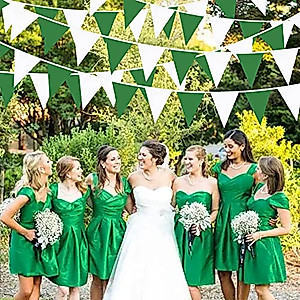 32Ft Green and White Banner Party Decorations Triangle Flag Fabric Banner Cotton Pennant Bunting Garland for Christmas Wedding Birthday Home Nursery Outdoor Garden Hanging Festivals Decoration