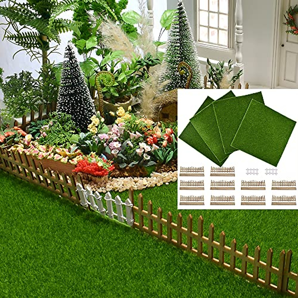 iland Fairy Garden Miniatures of Artificial Grass 4 Sheets 11.8"x 11.8" w/ 10pcs Miniature Fences & 2 Fence Doors & 1 Sign, Fake Grass for Crafts & Dollhouse Garden