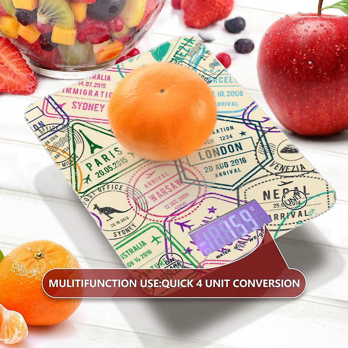 Travel Stamps Visa Food Scale Waterproof Digital Kitchen Scales Weight Ounces and Grams with Easy to Clean for Weight Loss, Baking, Cooking