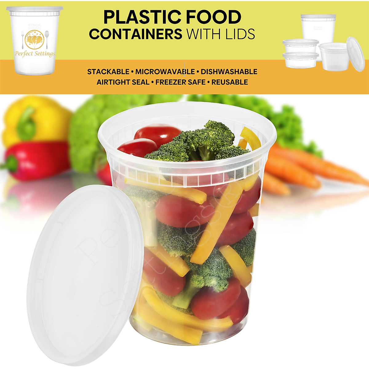 Perfect Settings 32oz Deli Containers with Lids - 24 Sets Quart Freezer Storage Containers - Leakproof, Stackable, Microwave Safe Soup Storage Plastic Soup Containers for Meal Prep Leftovers Takeout
