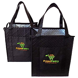 Prized Pantry 2 Pack Insulated Reusable Grocery Bags, X-Large Heavy Duty Cooler Tote Bags, Premium Insulation, Bottom Support, Wrap-Around Handles, Front Pocket, Zipper, No Leak, Keeps Food Hot/Cold