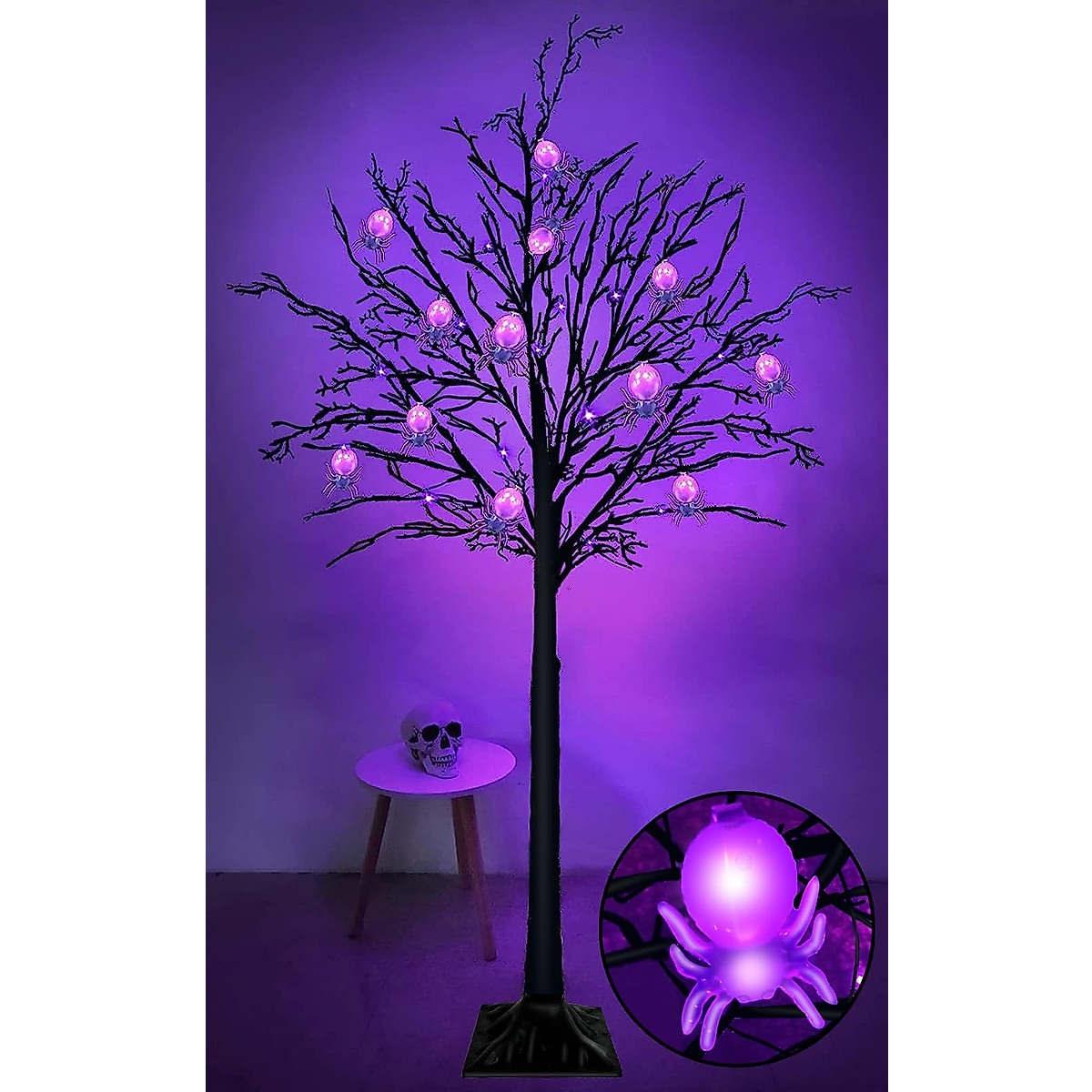 [Timer] 6 Ft Tall Halloween Tree Decorations Black Spooky Tree with 96 LED Purple Lightes and 24 DIY Bats Ornaments Artificial Tree Halloween Decor for Outdoor Indoor Home(4 Ground Stake/Adapter)