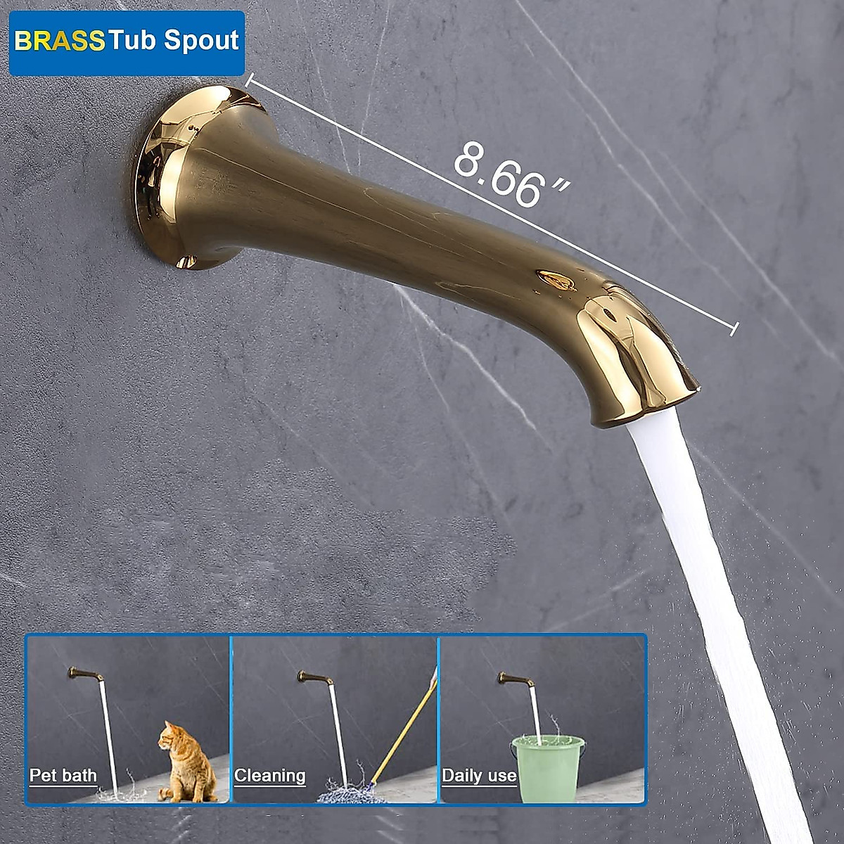 Enga Bright Gold Tub Spout, 8inch Extra Long Bathtub Faucet Wall Mount Brass Non Diverter Tub Filler