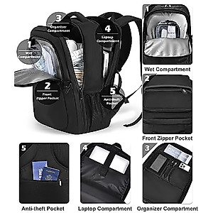 Lekakii Backpack for Traveling On Airplane, Travel Backpack for Women Men, 45L Nylon 600D Waterproof Carry On Backpack, Personal Item Laptop Backpack Black