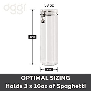 OGGI Tall Clear Canister with Clamp Lid, 58 oz - Large Airtight Food Storage Container, Ideal for Kitchen & Pantry Storage of Bulk, Dry Foods Including Pasta & Spaghetti