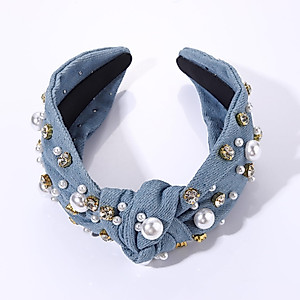 Pearl Knotted Headband for Women White Pearl Rhinestone Crystal Jeweled Embellished Hairband Fashion Elegant Ladies Wide Top Knot Bride Boho Head Band Headpieces Bachelorette Party Hair Accessories