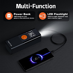 Teffim Tire Inflator Portable Air Compressor with Digital Pressure Gauge, 12V Smart Air Pump for Car Tires, Motorcycle, SUV, Electric Bike, Bicycle, Sports Balls with 10000mAh Battery & LED Light (1)