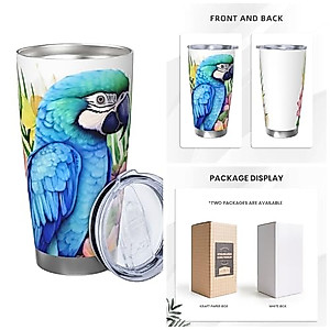 Blue Parrot in Flowers Tumbler with Lid and Straw 20oz Stainless Steel Car Cup for Hot and Cold Drinks, Double Wall Insulated Travel Coffee Mug Reusable Drink Thermos Cup Birthday Gifts