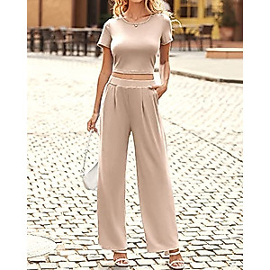 BTFBM Women Summer 2023 Two Piece Casual Outfits Lounge Set Ribbed Knit Bodycon Crop Top Long Pants Tracksuits Sweatsuit(Short Apricot, Small)