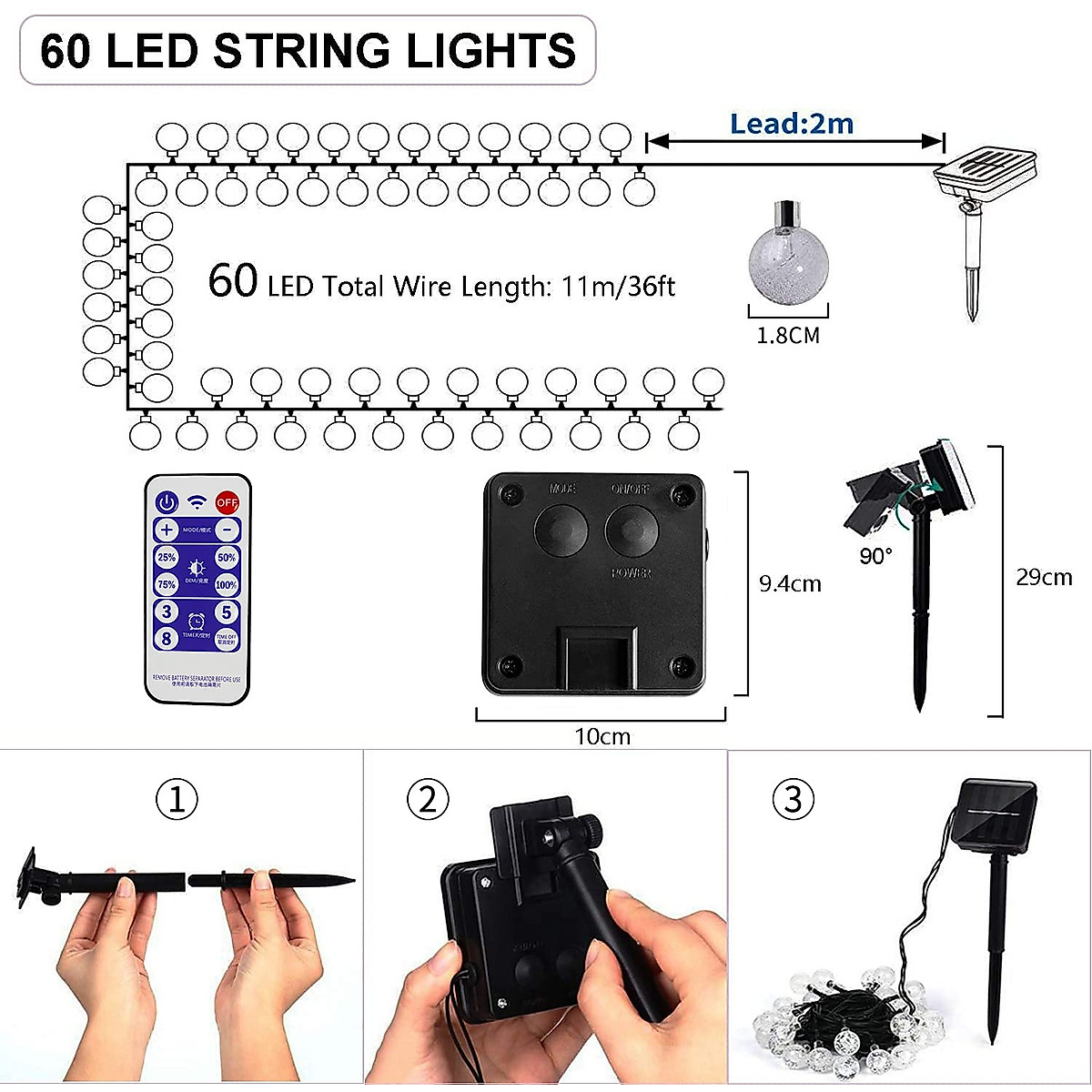 Solar String Lights Outdoor YEEMATOP 60 LED 36 Feet Solar Fairy Lights with 8 Lighting Modes,Indoor String Lights Waterproof Crystal Globe Lights for Garden,Party,Wedding,Christmas Decor (Warm White)