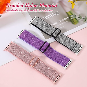 3 Pack Shiny Bands Compatible with Apple Watch Band for Women 38mm 40mm 41mm, Nylon Stretchy Straps for iWatch Series 9 Ultra SE 8 7 6 5 4 3 2 1