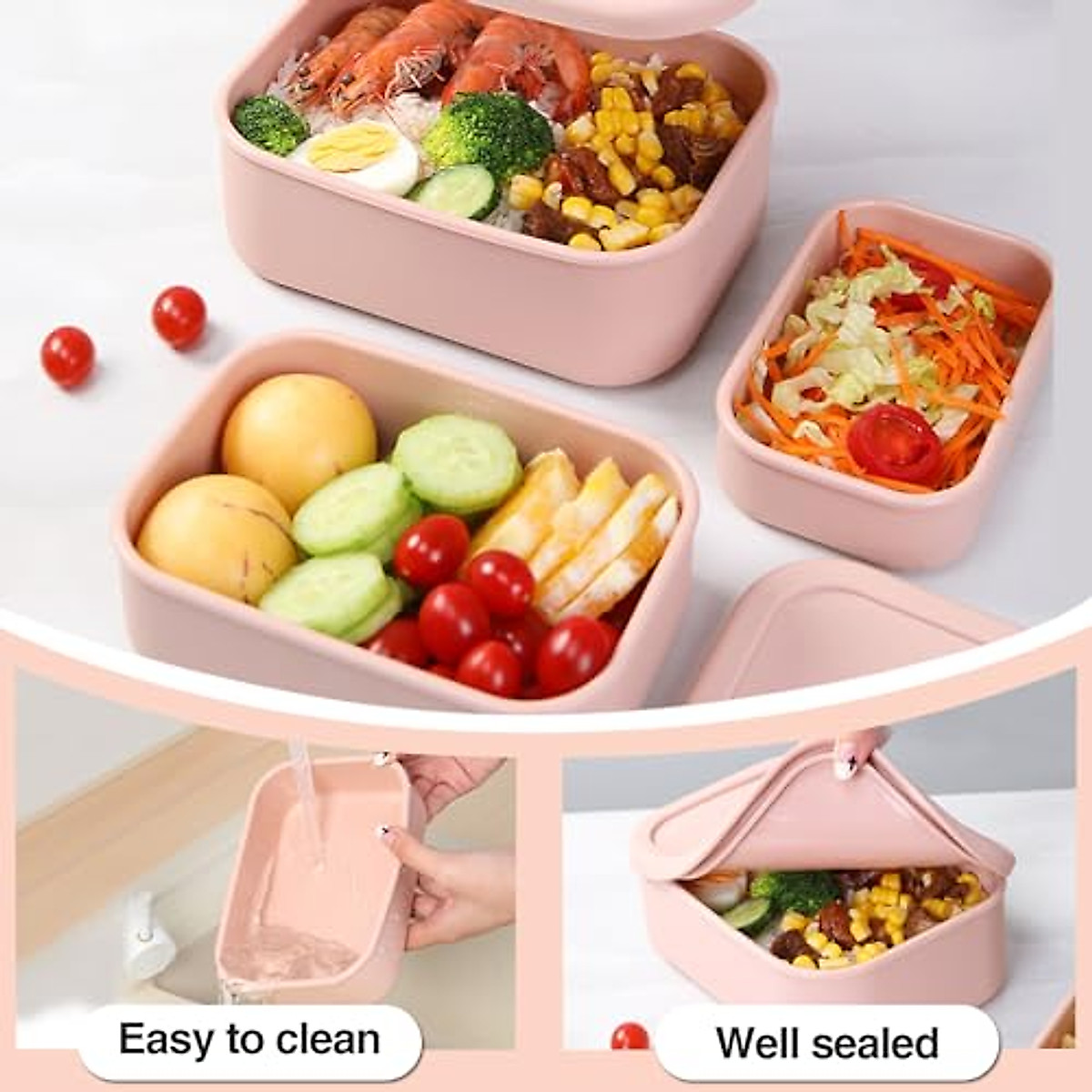 AROCFTIE Silicone Bento Box, Set of 3 Silicone Food Storage Containers with Lids, Hard-Shell Nesting Silicone Containers, Airtight, Dishwasher and Freezer Safe (10oz, 23.6oz, 44oz) (Pink)