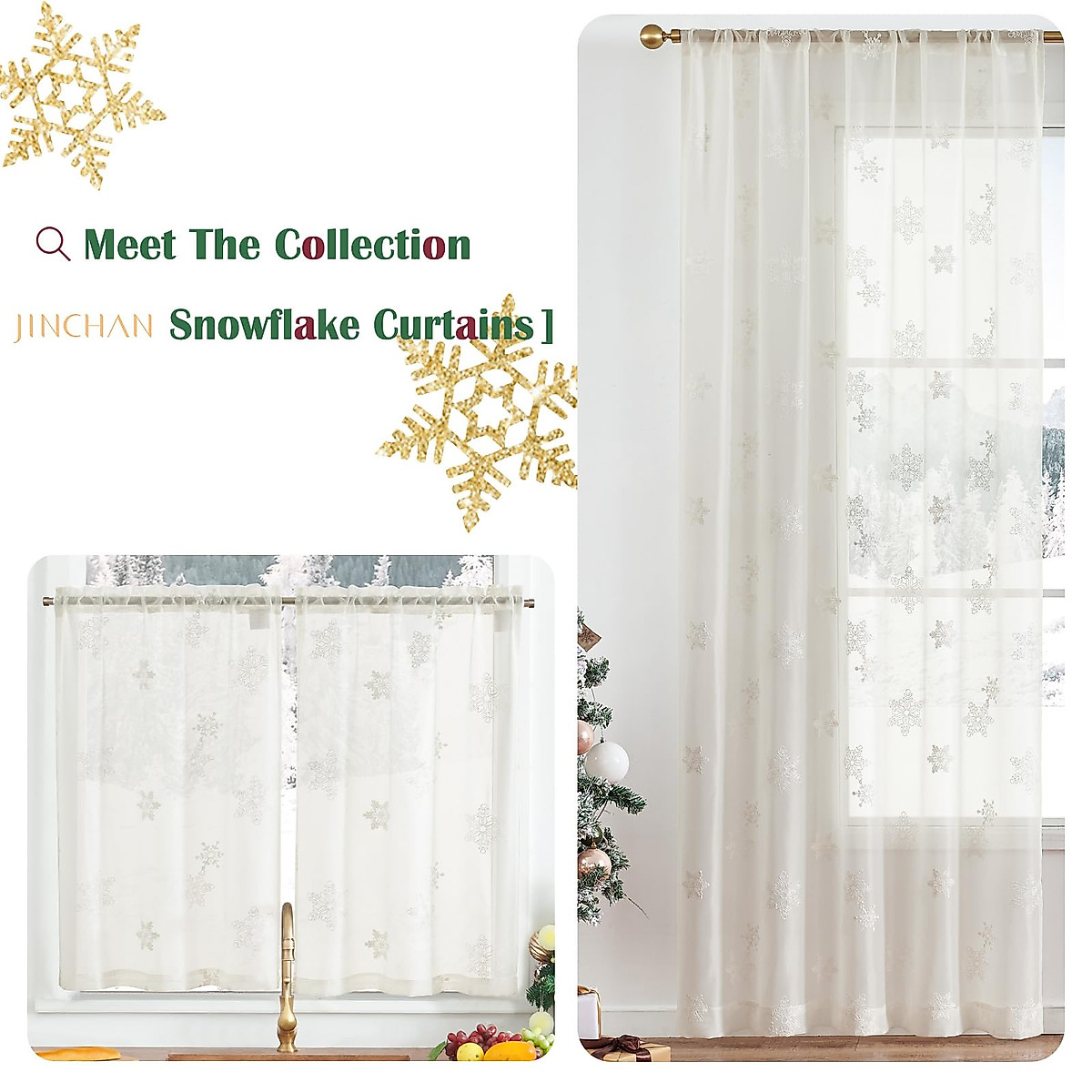 jinchan Christmas Curtains White Snowflake Embroidered Sheer Curtains 84 Inch Length Light Filtering Xmas Backdrop Window Curtains for Living Room 2 Panels Set Bedroom Rod Pocket Curtains