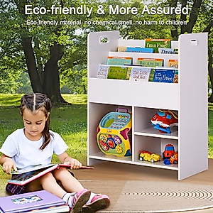 VECELO Kids Book Organizer - Wooden Children’s Bookshelf with 3-Tier Display and 2-Tier Storage Compartments, Easy-to-Access Toddler Bookcase for Playroom, Bedroom, or Nursery - White