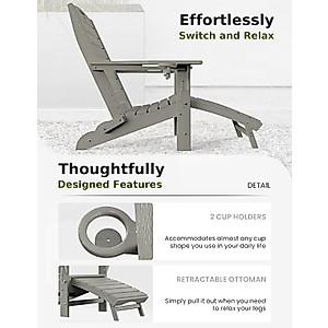 Ciokea Folding Adirondack Chair with Retractable Ottoman Fire Pit Patio Chair with Pull Out Foot Rest Weather Resistant Lawn Outdoor Lounge Chair with 2 Cup Holder (Grey)