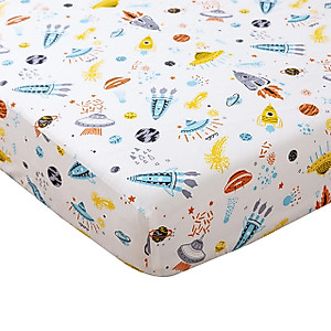 Brandream Baby Boys Crib Sheet Sets Outer Space, Rocket & Planet Fitted Crib Sheets,2 Pack Navy/White Baby Infant Newborn Crib Mattress Sheet 100% Cotton,Galaxy Theme