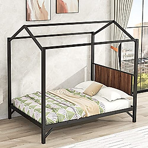 Bellemave House Bed for Kids, Full Size Metal Platform Bed with Headboard and Roof (Full Size, Black)