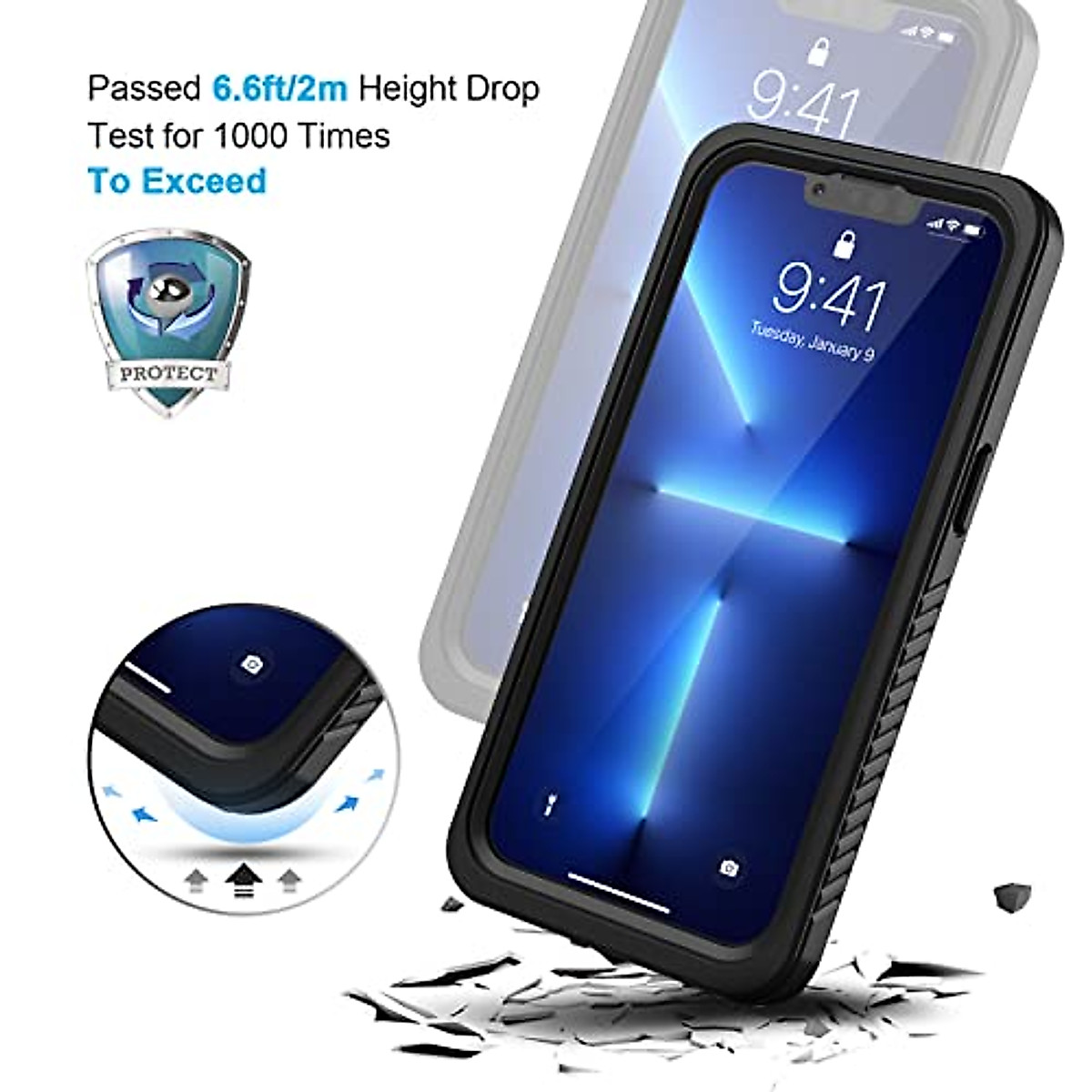 Lanhiem for iPhone 13 Pro Max Case, IP68 Waterproof Dustproof Shockproof Cases with Screen Protector, Full Body Protective Front and Back Cover for iPhone 13 Pro Max - 6.7 inch (Black)