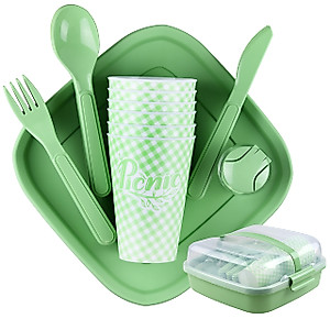 Tribello Camping Picnic Dishes Set with Case, (Set for 6) 32 Plastic Reusable Cutlery Set - BPA Free - Microwave / Dishwasher Safe