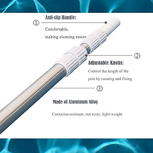 Upgraded Professional 16 Foot Swimming Pool Pole Telescopic Aluminum, 1.28mm Thicken Fits Pool Net Skimmer Rake Vacuum Head Brush Cleaning Heavy Duty, Adjustable 3 Section from 6 to 16ft Extension