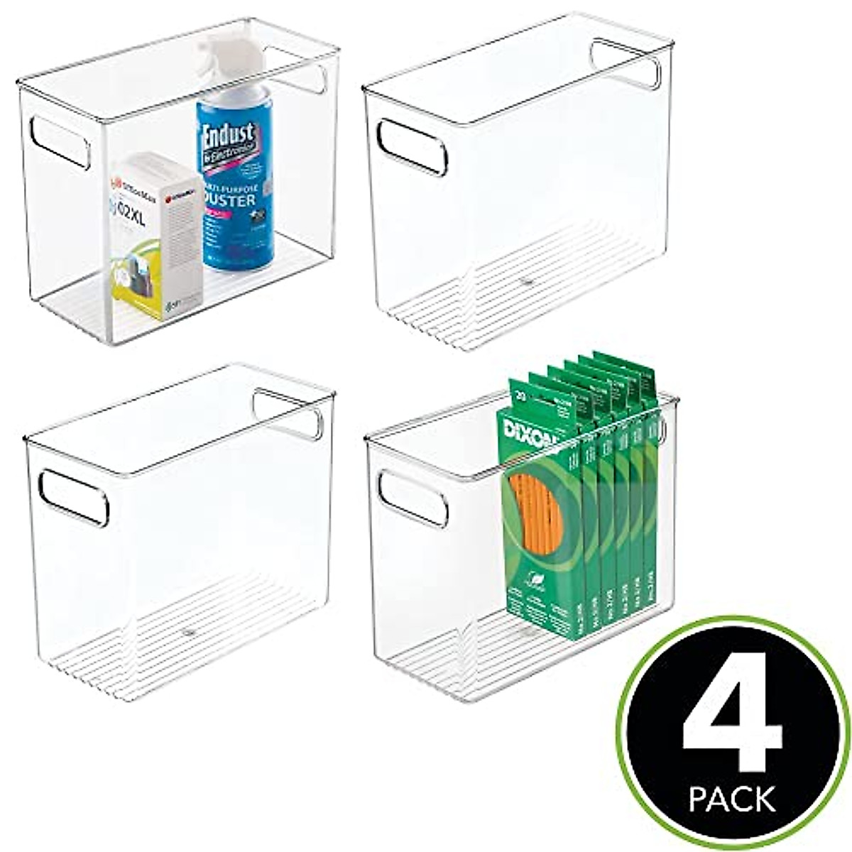 mDesign Tall Plastic Storage Organizer Container Bin, Office Organization for Filing Cabinet, Cupboard, Shelves, and Desk - Holds Notepads, Pens, Pencils, Highlighters, Ligne Collection, 4 Pack, Clear