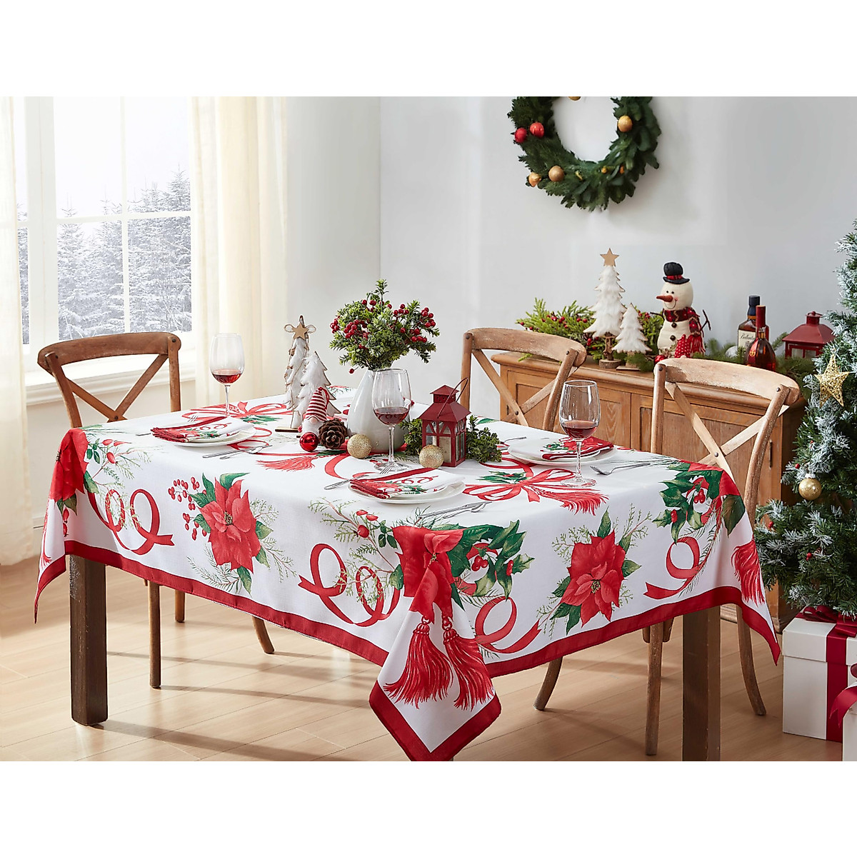 Home Bargains Plus Holiday Tassels Provence Christmas Fabric Tablecloth, French Country Holiday Poinsettia Garland Stain Resistant Easy Care Xmas Tablecloth, 60 Inch x 144 Inch Oblong/Rectangle