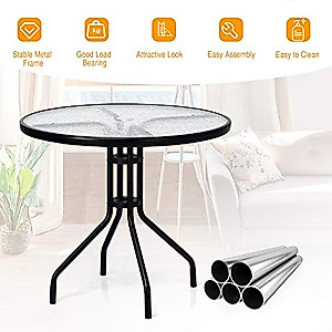 Goplus 32" Outdoor Round Patio Table with Umbrella Hole, All Weather Dining Table Tempered Glass Top, Bistro Table Coffee Table Furniture Commercial Party Event for Backyard Lawn Balcony Pool