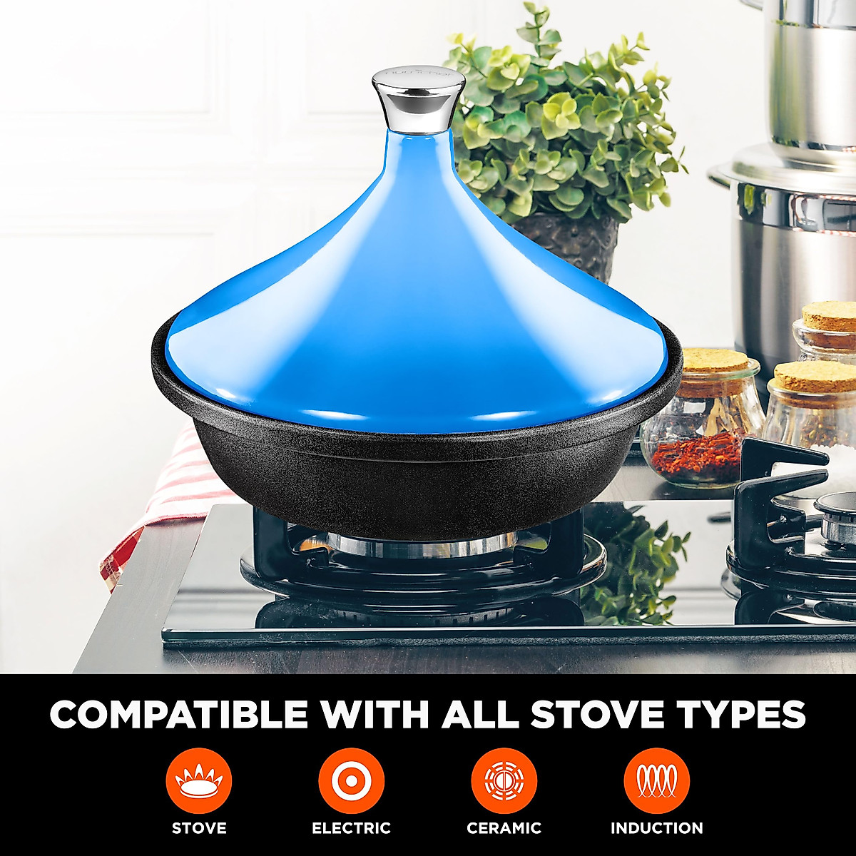NutriChef Cast Iron Moroccan Tagine - 11.6 Inch Tajine Cooking Pot with Stainless Steel Knob, Enameled Base, Cone-Shaped Enameled Lid - Oven and Dishwasher safe - 2.75 Quart, Blue