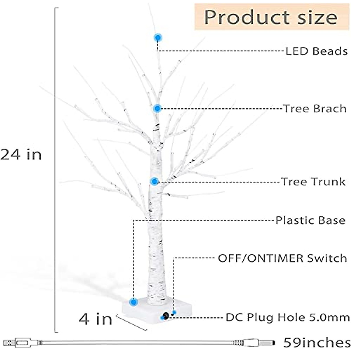 LED Lights Birch Tree, 2 Pack Branch Tree Lamp Christmas Decor, 24" Lighted Tree Light, USB/Battery Tabletop Tree Light with Timer Battery Powered for Home Festival Wedding Easter Decorations