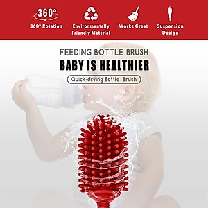 Silicone Bottle Cleaning Brush with Long Handle, BPA Free 12.5" Water Bottle Cleaner for Baby Bottles, Hydro Flask, Sports Bottle, Vase, Glassware, Perfect for Smaller Diameter Bottle Openings (Red)