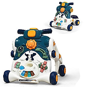 BABY JOY Sit-to-Stand Walker, 3 in 1 Baby Walker, Ride on Car, Game Panel, Kids Multifunctional Activity Center w/Lights, Music, Cute Toys, Educational Push Pull Learning Walker for Toddlers (Blue)