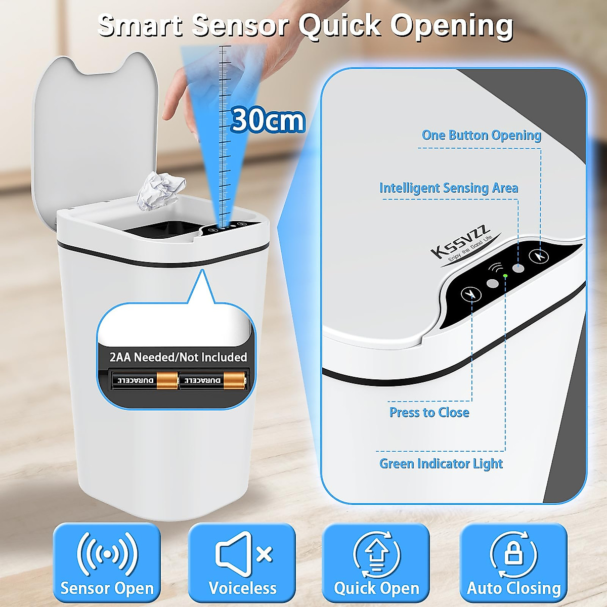 2 Pack Automatic Small Bathroom Trash Can with Lid - 3 Gallon Touchless Electric Garbage Can, Motion Sensor Smart Trash Bin, Slim Dog Proof Trashcan, Waterproof Wastebasket for Bedroom Office (White)