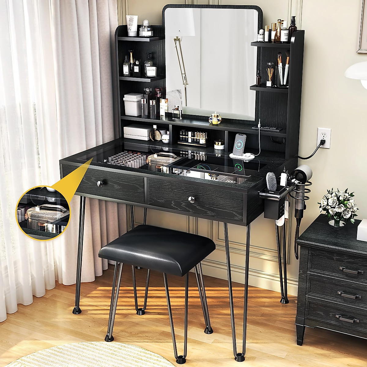 TC-HOMENY Makeup Desk Glass Top, Vanity Desk Dressing Table with Hair Tool Holder and Charging Station, 2 Drawers & Open Shelves Dresser Desk and Cushioned Stool Set