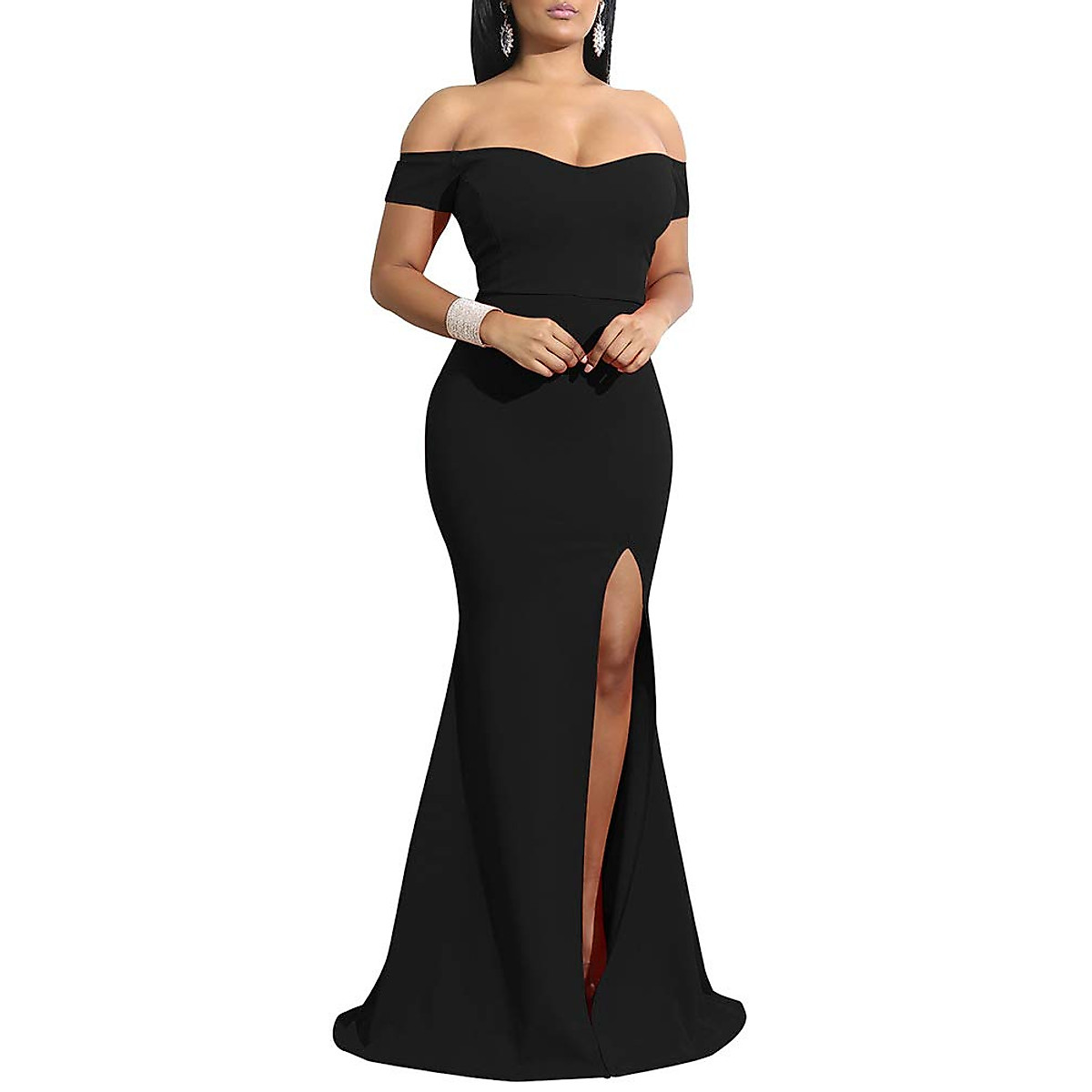 YMDUCH Women's Off Shoulder High Split Long Formal Party Dress Evening Gown Black