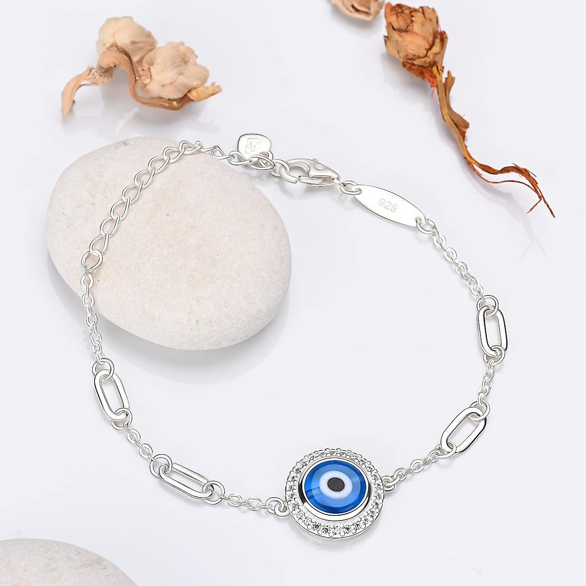ELEGANZIA Greek Evil Eye Bracelet Turkey Sterling Silver, CZ Third Eye Bracelet for Women Men, Link Bracelet Amulet for Teen Adjustable 6.5" - 8"