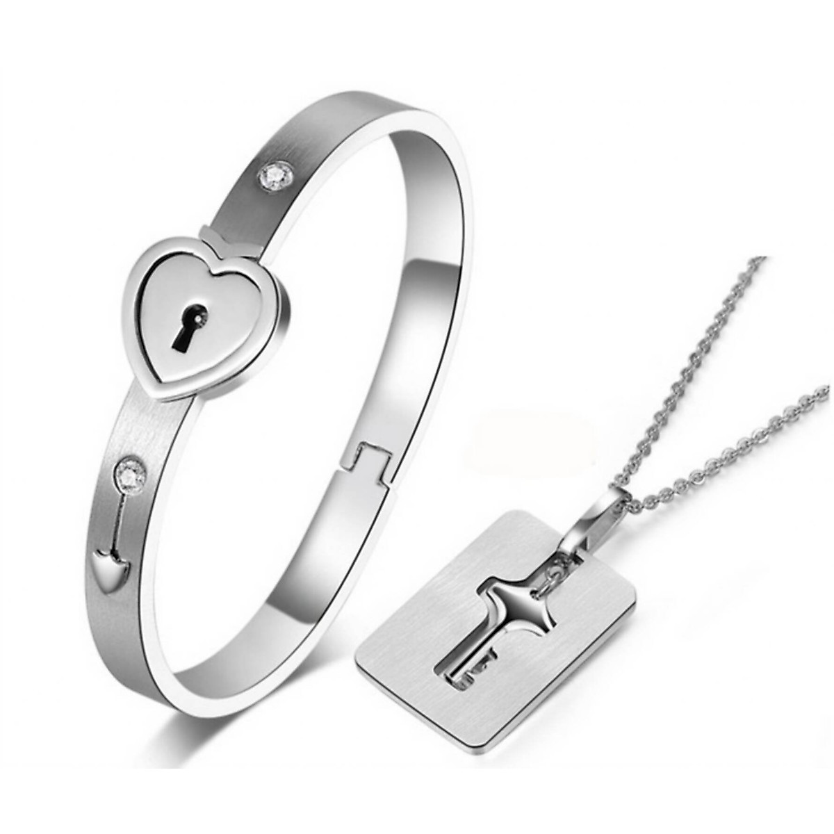 Naivo Romantic Stainless Steel Bracelet Love Heart Lock Bangle Key Pendants Necklace Lovers Jewelry set (Steel color)