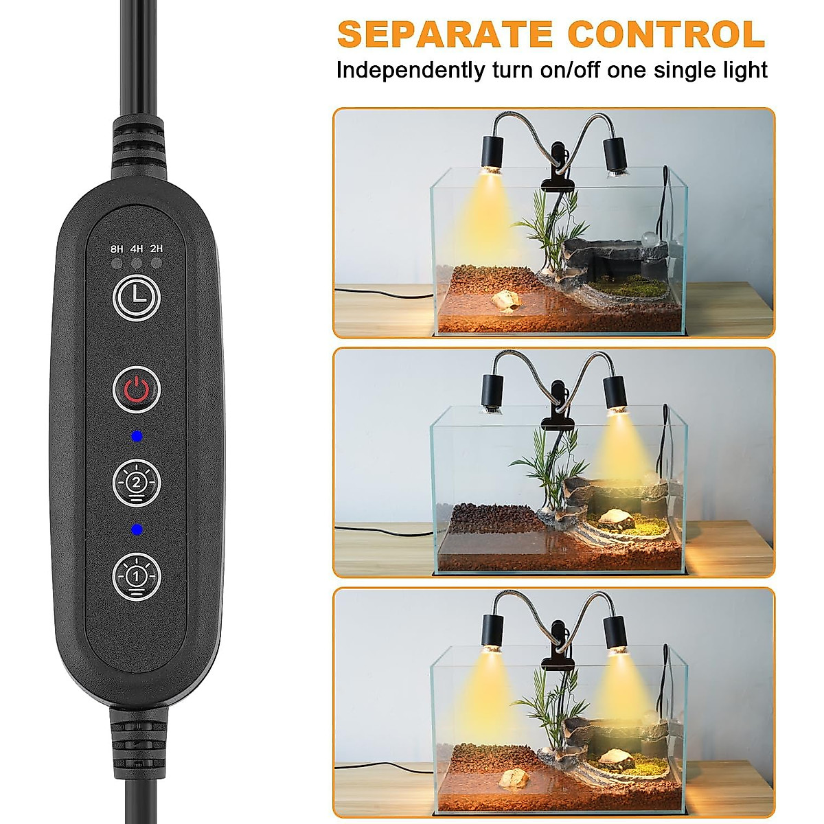 NBIIUYIGE Reptile Heat Lamp, Dual-Head UVA UVB Reptile Light, Heating Lamp with Cycle Timer, Heat Lamp for Reptiles Bearded Dragon Turtle Crab Snake Lizard, Separate Control, 3 Basking Bulbs Light