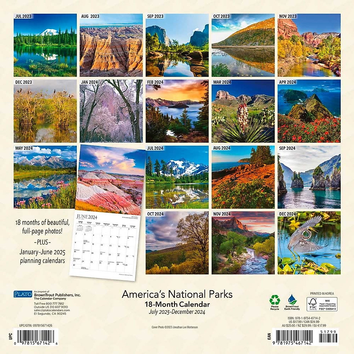 America's National Parks | 2024 12 x 24 Inch 18 Months Monthly Square Wall Calendar | Foil Stamped Cover | July 2023 - December 2024 | Plato | Yosemite Yellowstone