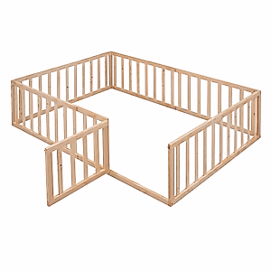 Full Size Floor Bed with Safety Fence and Door and Slats，Wood Montessori Floor Bed for Kids，No Box Spring Needed,for Boys Girls,(Natural)