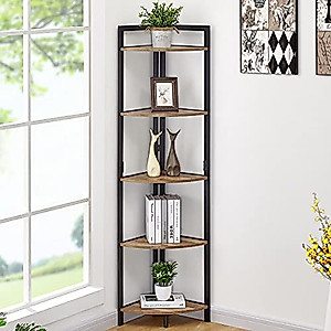 FATORRI Industrial Corner Shelf, 5 Tier Tall Corner Bookshelf, Wood and Metal Corner Bookcase (Rustic Oak)…