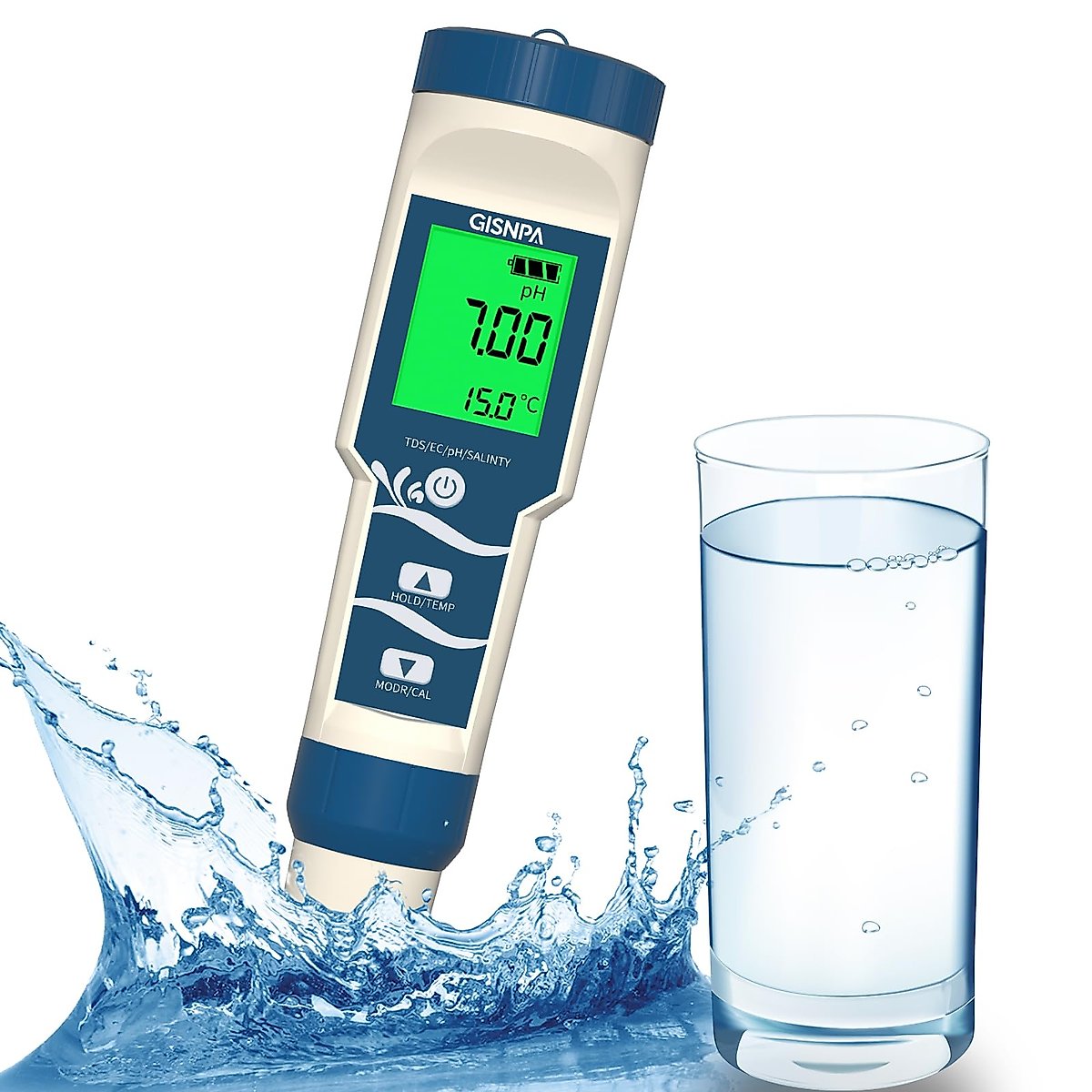 GISNPA PH Meter, Digital 4-in-1 PH ORP H2 Temp Meter with ATC, H2 Water PPB/PPM Meter, 0.01 Resolution High Accuracy PH Tester for Drinking Water