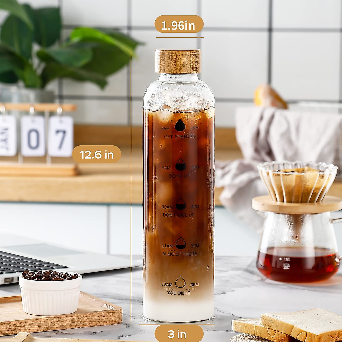 ZEBEIYU 32oz Glass Water Bottle,Borosilicate Glass Drinking Bottles with Time Marker,Bamboo lids,Felt Sleeve,Dishwasher Safe,Reusable,Leak-Proof,BPA Free for Office,Sports,Gym,Travel (Pack1)