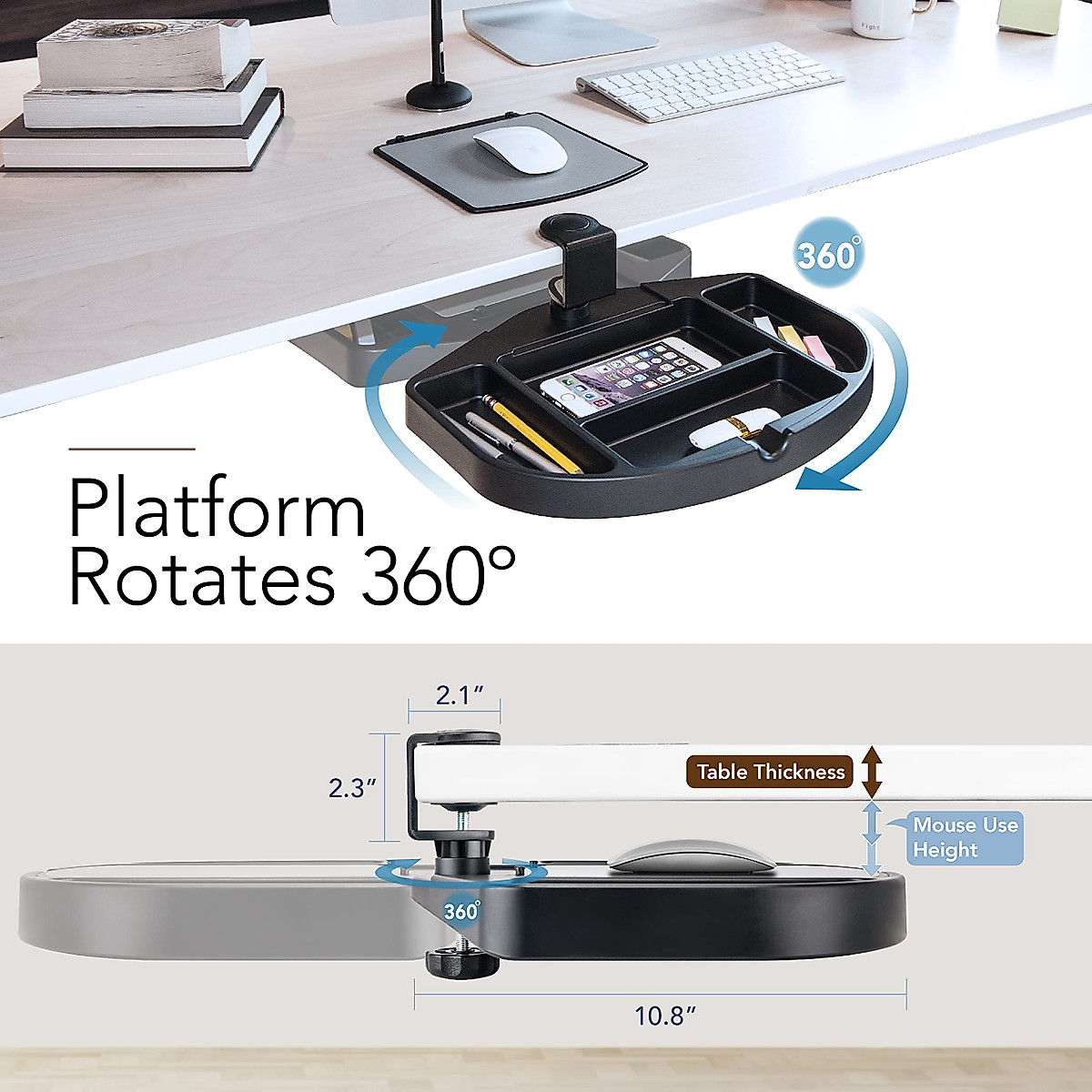EHO Clamp-On Swivel Mouse Tray 360 Degrees Pencil Drawer Desk Organizer with Storage Space, Under Desk Storage for Pens, Paper Clips and More