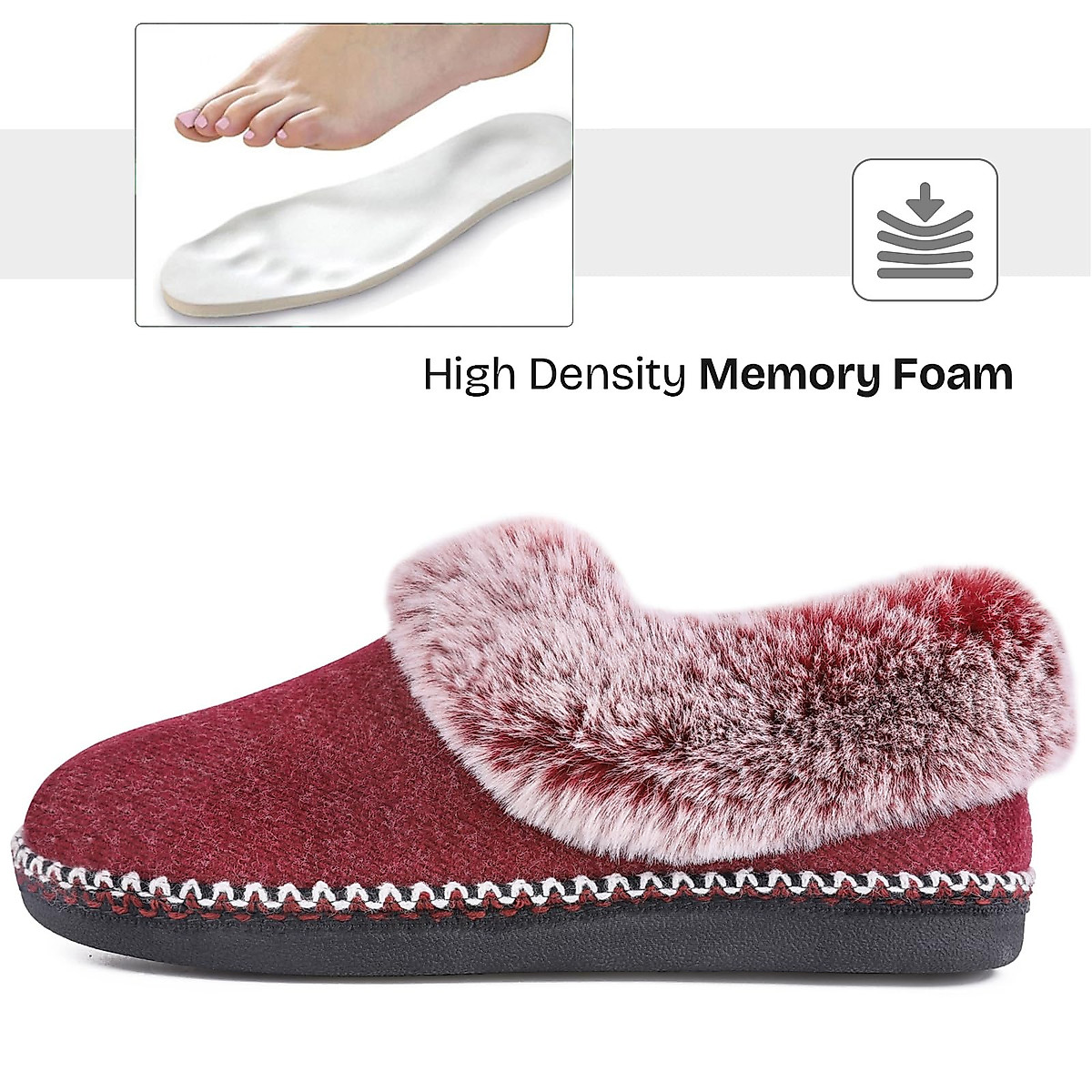 EverFoams Women's Luxury Wool Memory Foam Slippers with Fluffy Faux Fur Collar and Indoor Outdoor Sole (Burgundy, Size 7 M US)
