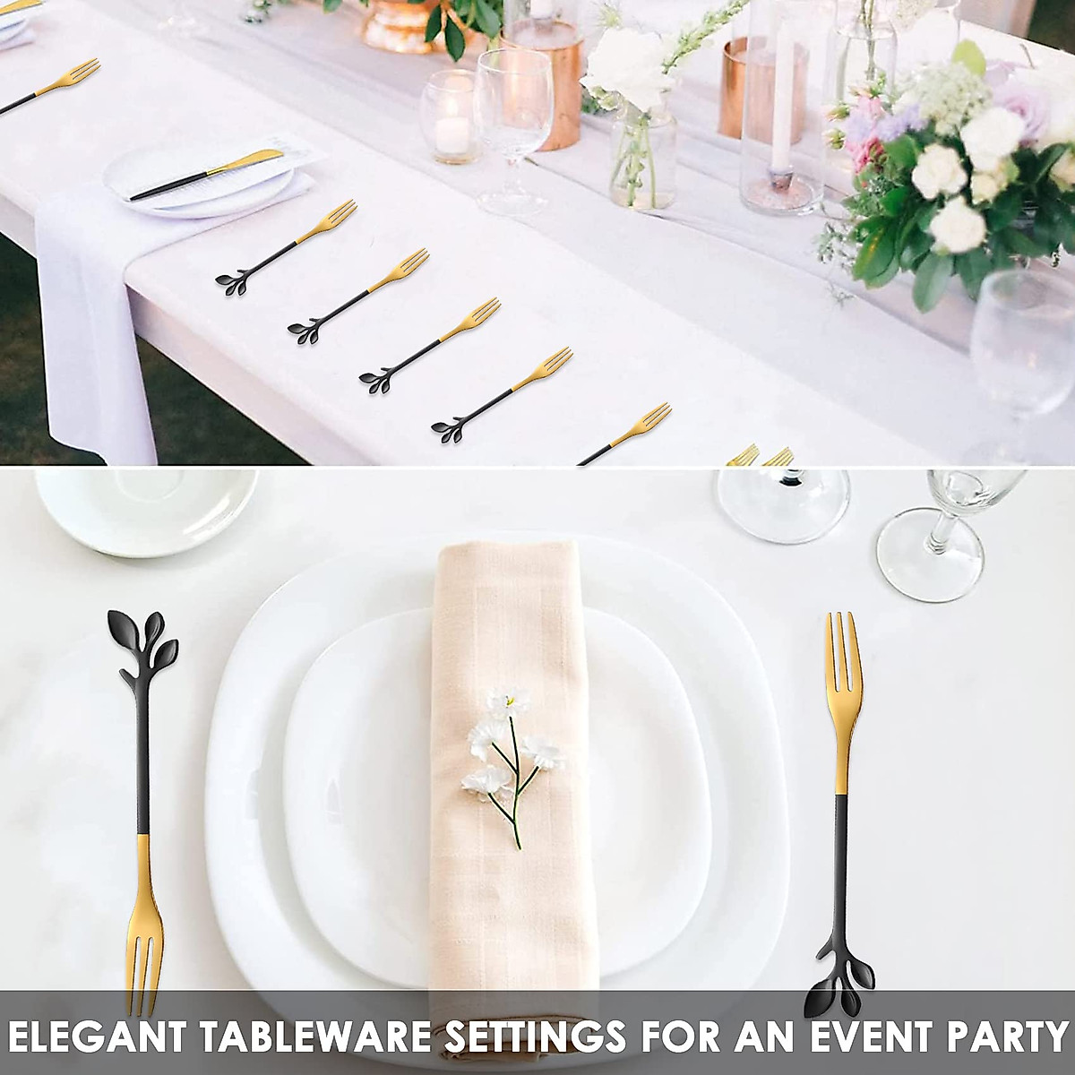 Rovepic 10 Pack Stainless Steel Appetizer Cake Fruit Forks Black Leaf Creative Tasting Dessert Mini Gold 3-Tined Forks Birthday Parties Events Kitchen Accessory Stirring Fork Set 4.8 inch