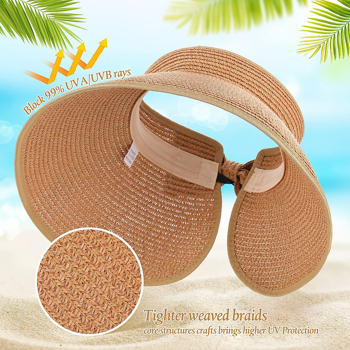 6 Pcs Foldable Straw Summer Beach Hat for Women Wide Brim Ponytail Sun Visor Adjustable Caps for Travel (Classic Colors)